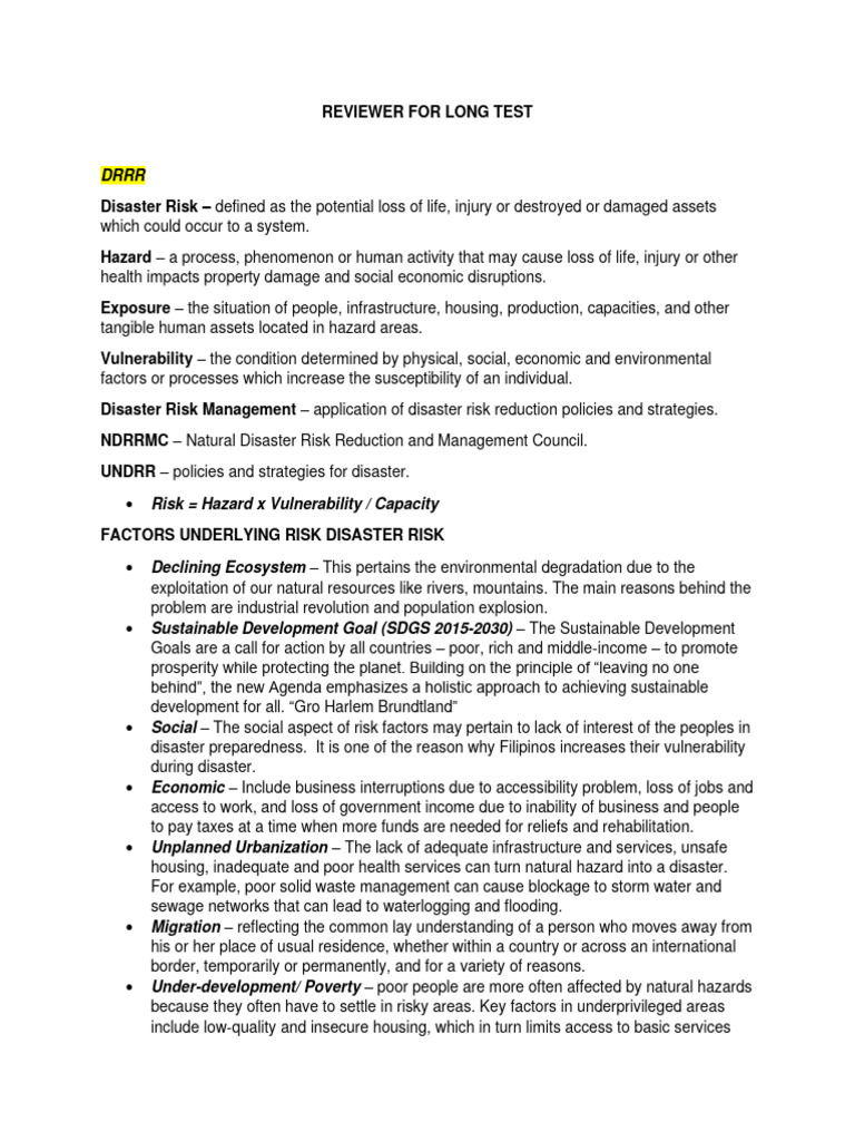 Reviewer For Long Test (DRRR and Et) | PDF | Disaster Risk Reduction ...