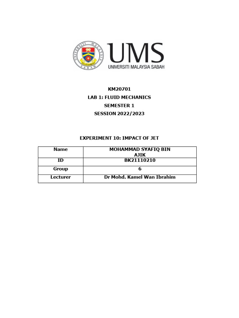 Exp10 - BK21110210 - Mohammad Syafiq Bin Ajik - Informal | PDF | Flow Measurement | Nozzle