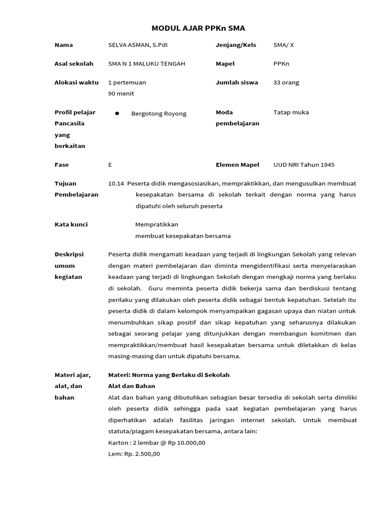 MODUL AJAR PPKN KLS X Fase E SEMESTER GANJIL 2022-2023 (Selva Asman) Siap | PDF