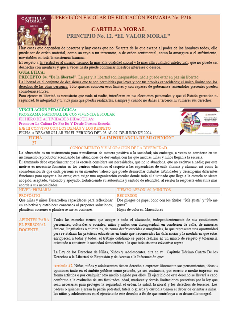 Ficha - Pnce - Junio - Principio 12 Cartilla Moral | PDF | Escuelas ...