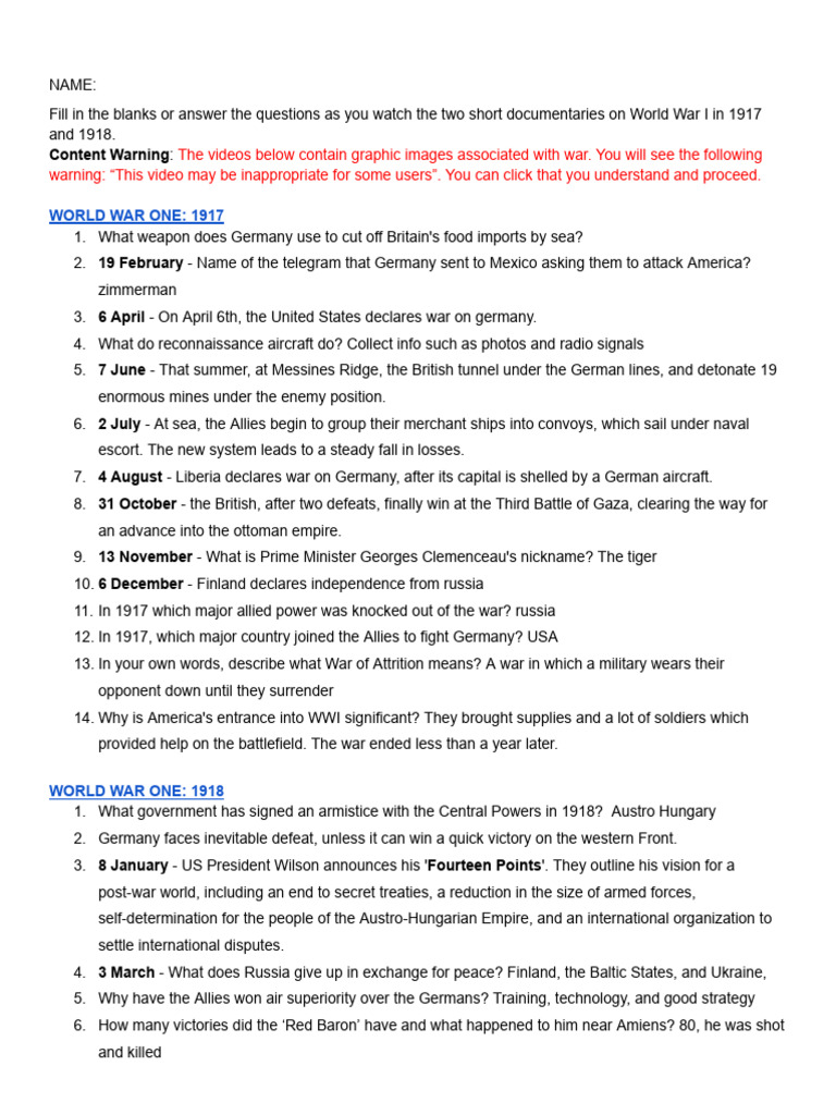 WWI Documentary Questions: 1917-1918 | PDF | World War I | German Empire