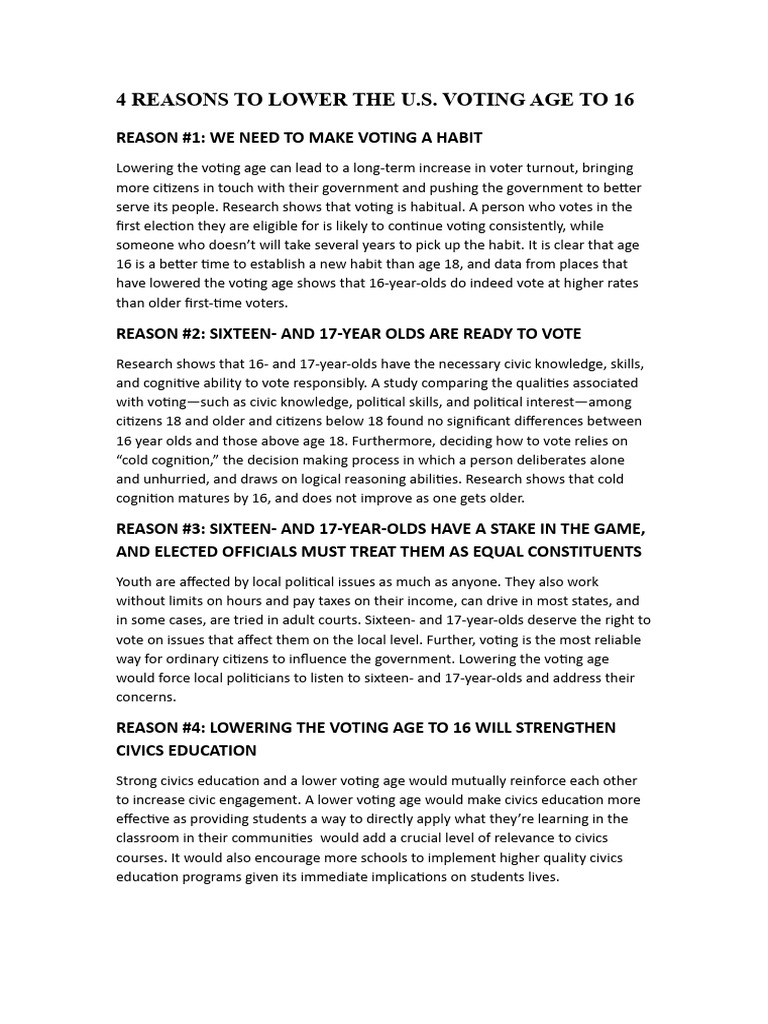 Lowering the Voting Age to 16: Key Reasons | PDF | Reason | Voting