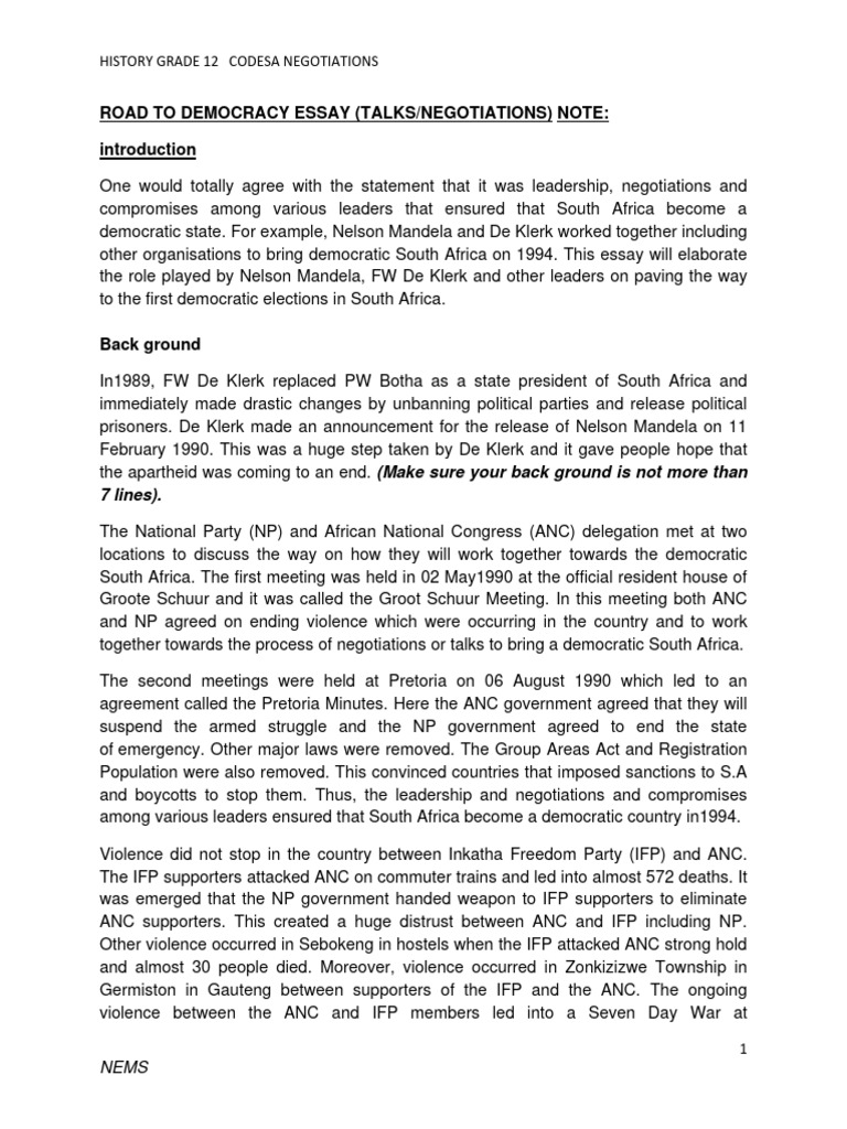 Road To Democracy or Codesa Essay | PDF | Politics Of South Africa ...