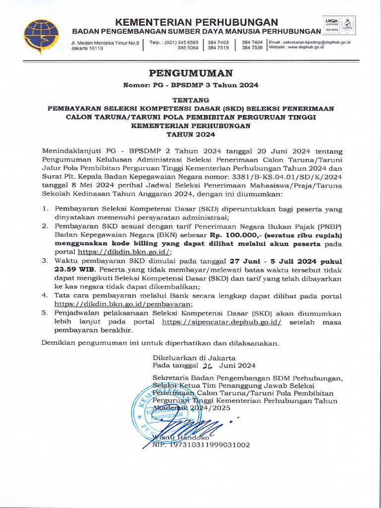 PG-BPSDMP 3 Tahun 2024 - Pembayaran SKD Sipencatar Polbit Perguruan ...