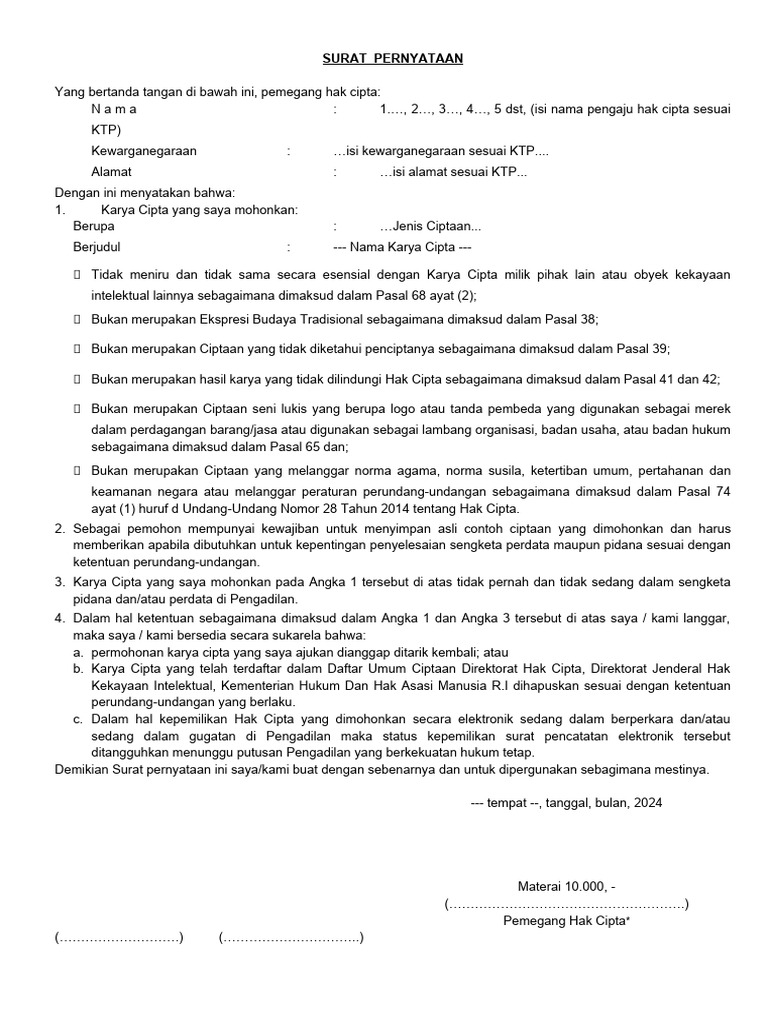 Template Surat Pernyataan - Hak - Cipta | PDF