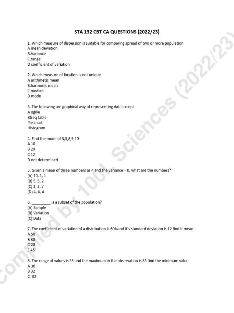 STA132 CBT CA Questions | PDF | Mean | Variance