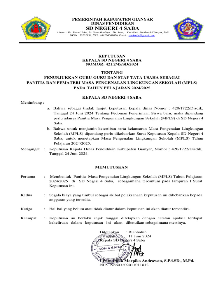 SK Panitia MPLS 2024-2025 | PDF