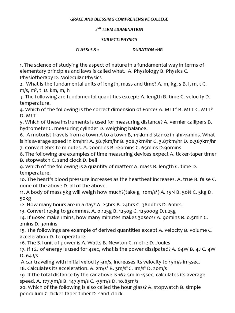 Ss 1 Physics Grace and Blessimg | PDF | Acceleration | Speed