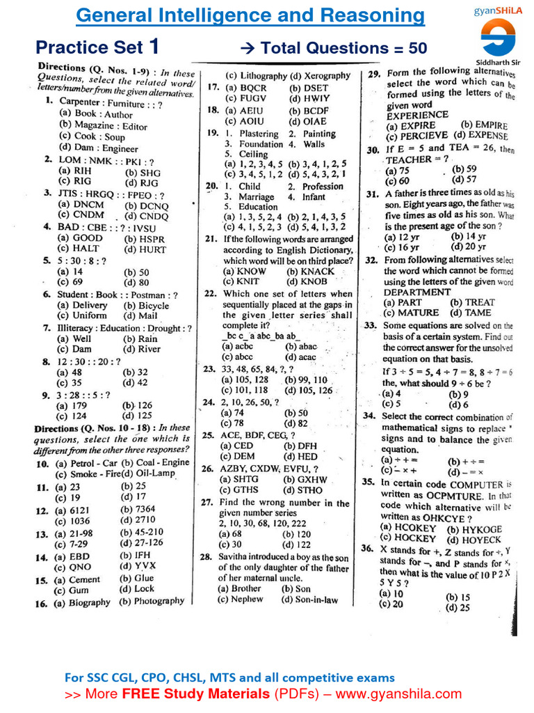 SSC Reasoning Practice Set 1 - gyanSHiLA | PDF
