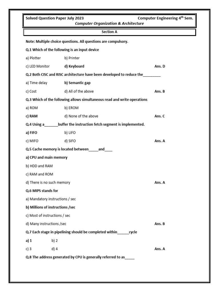 COA Solved Question Paper July 2023 | PDF | Computer Data Storage | Bios