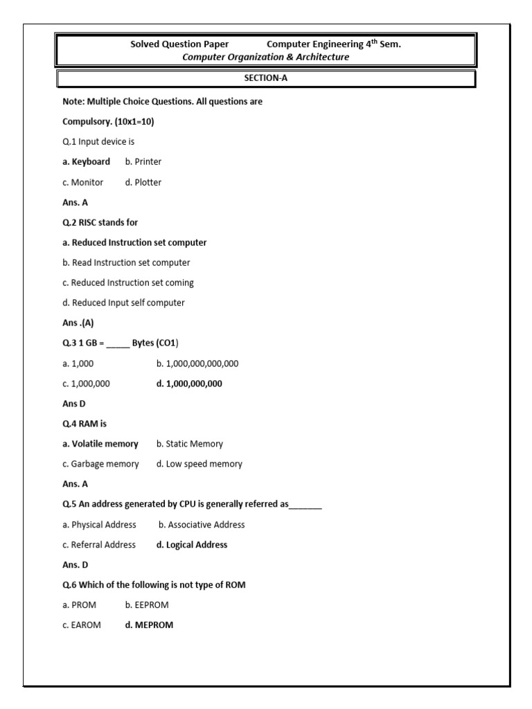 COA Solved Question Paper | PDF | Random Access Memory | Central Processing Unit