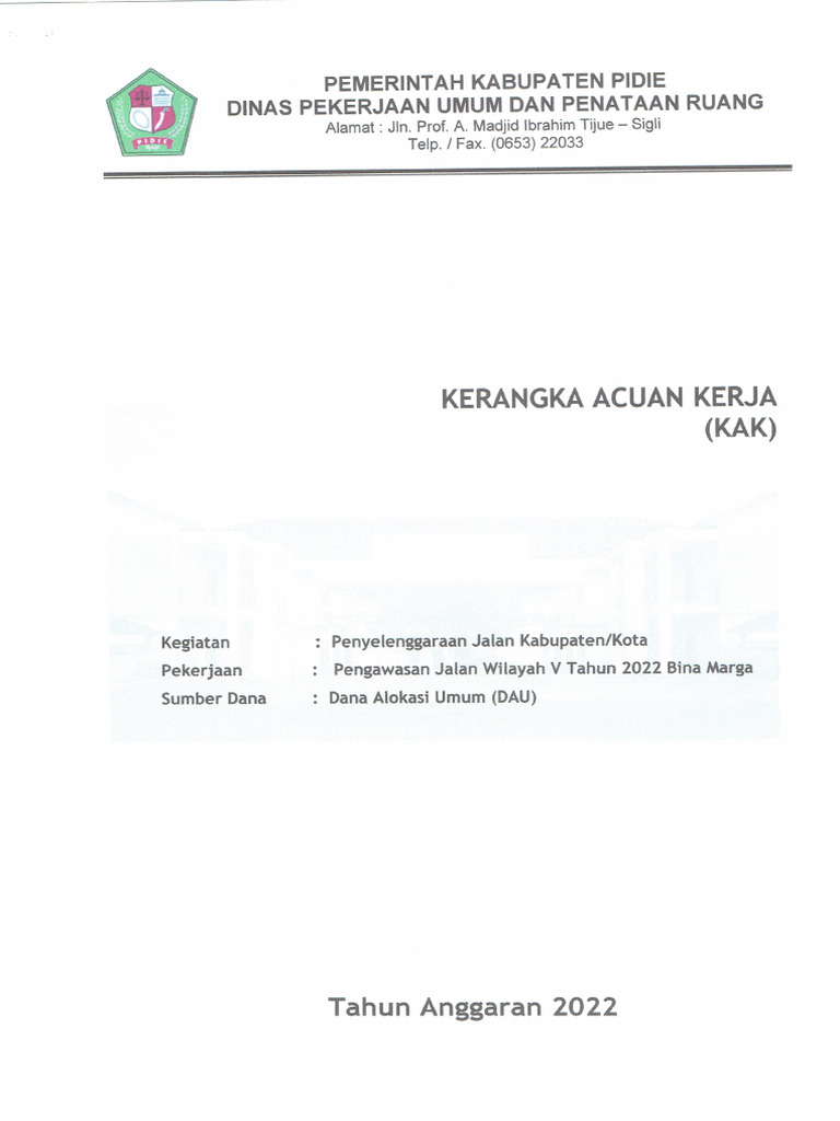 Kak Pengawasan Jalan Wilayah V Tahun 2022 Bina Marga | PDF