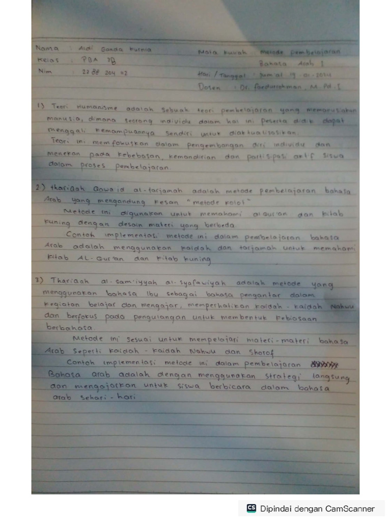 UAS Metode Pembelajaran Bahasa Arab Aldi Ganda Kurnia PBA 3b 2288204112 | PDF