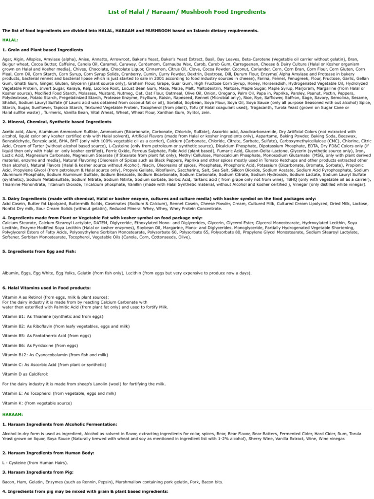 Halal, Haram, and Mushbooh Ingredients List | PDF | Milk | Glycerol
