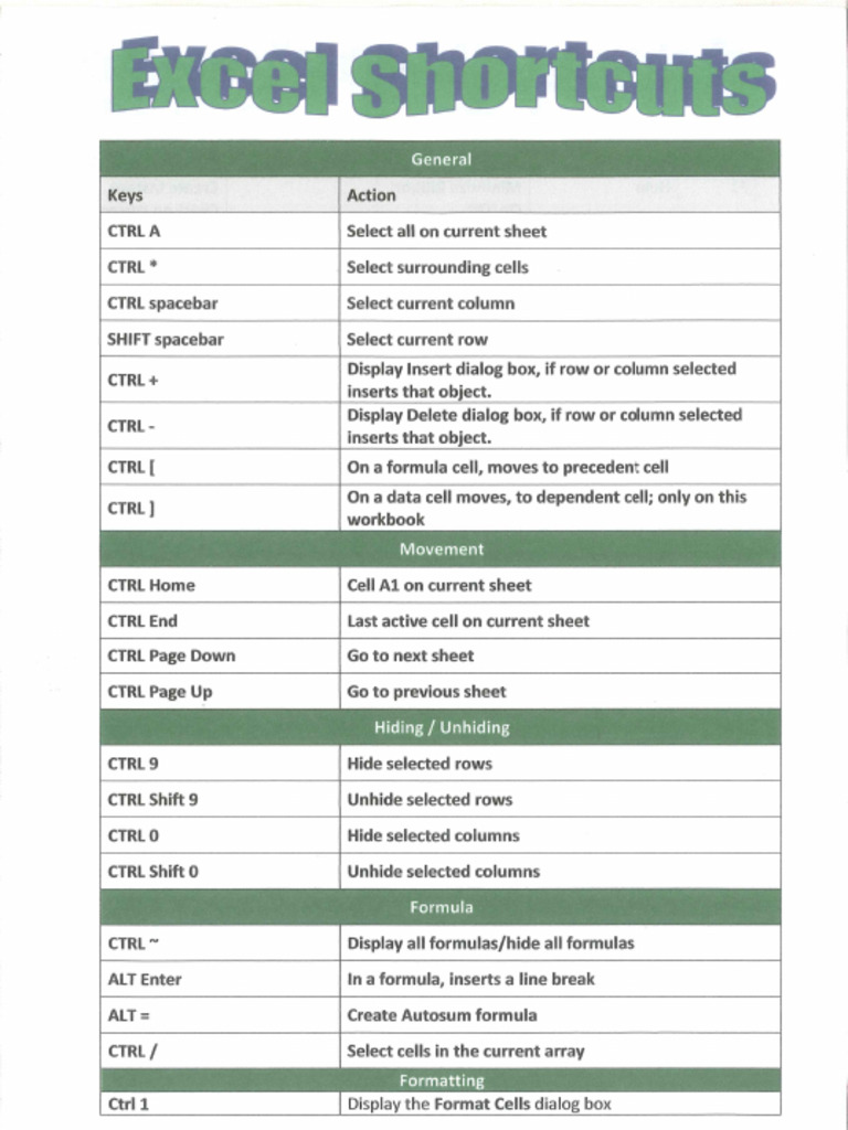 Excel Shortcuts | PDF