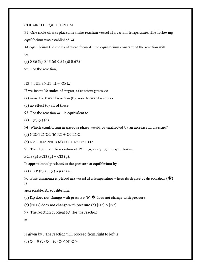 Chemical Equilibrium MCQ | PDF | Chemical Equilibrium | Chemical Reactions