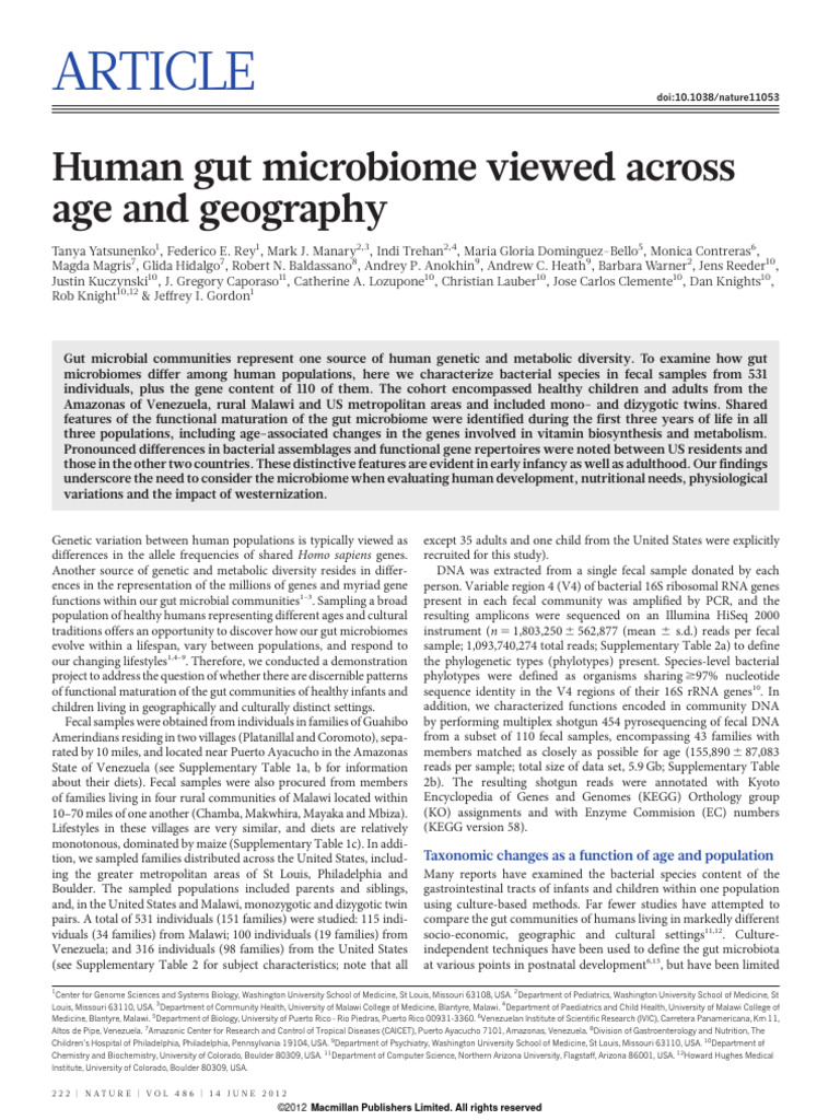 Human Gut Microbiome Viewed Across Age and Geography | PDF | Microbiota ...