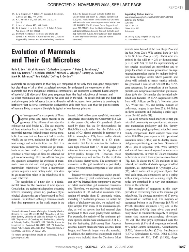 Evolution of Mammals and Their Gut Microbes | PDF | Microbiota | 16 S ...