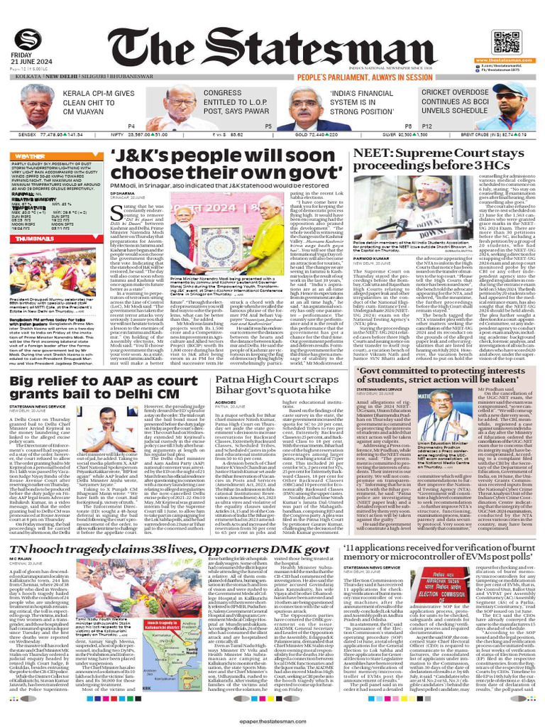 Delhi The Statesman 21-06-2024 Reduced | PDF | Narendra Modi | Bail