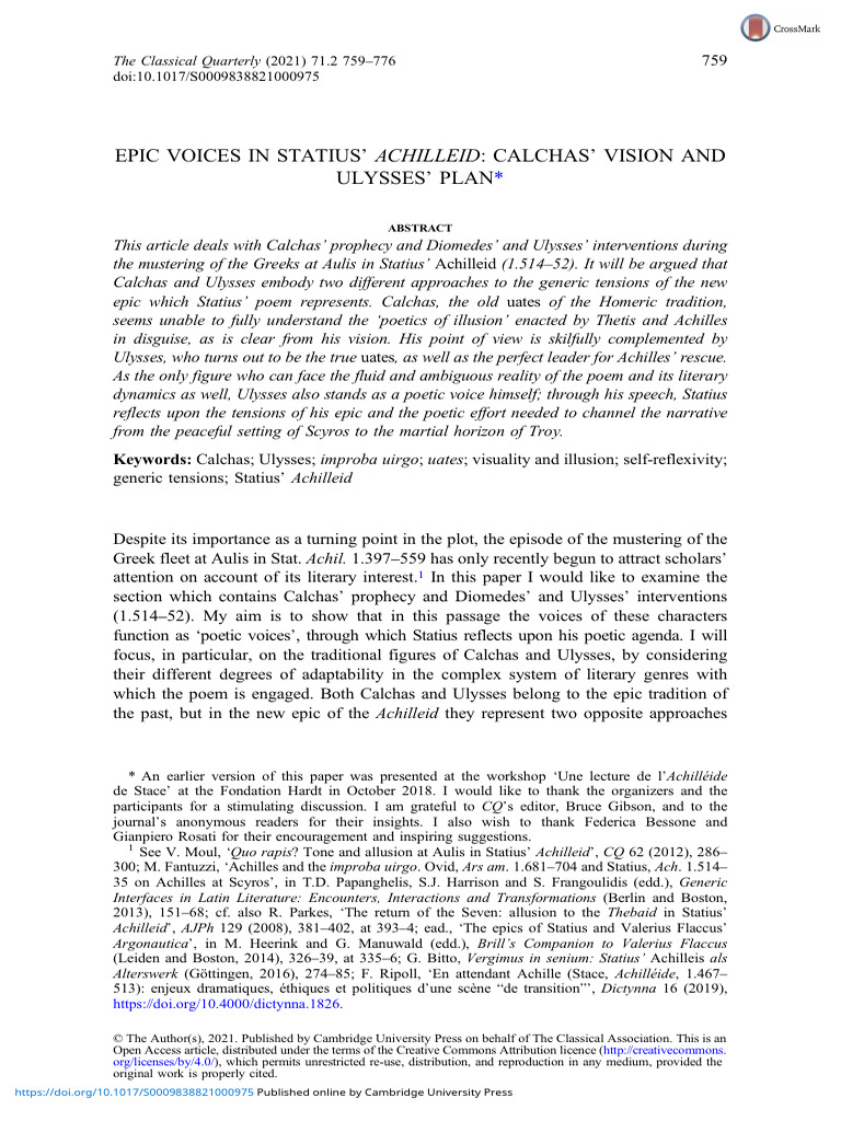 Epic Voices in Statius' Achilleid - Calchas' Vision and Ulysses' Plan | PDF