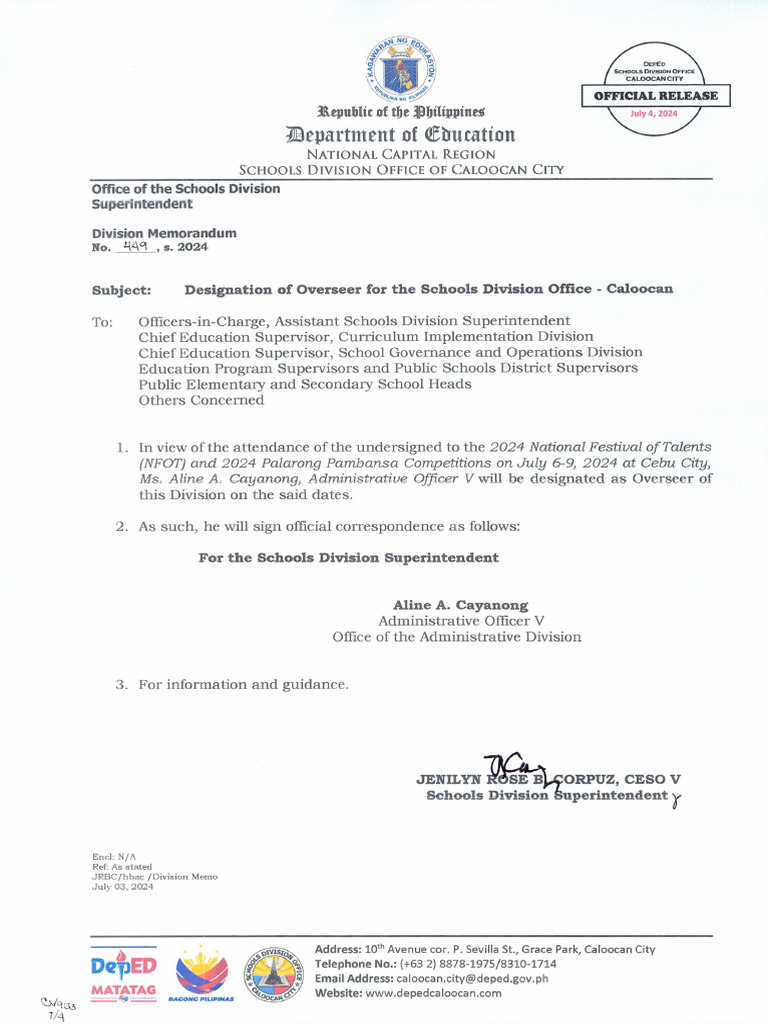 DM No. 449, s. 2024 - Designation of Overseer for the Schools Division ...