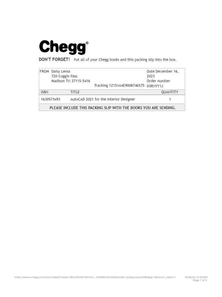 Chegg - Packing Slip and Return Label | PDF | Receipt | Supply Chain ...