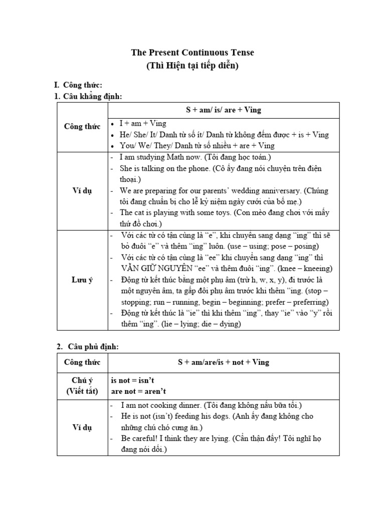 The Present Continuous Tense (Thì Hiện tại tiếp diễn) : I. Công thức: 1 ...