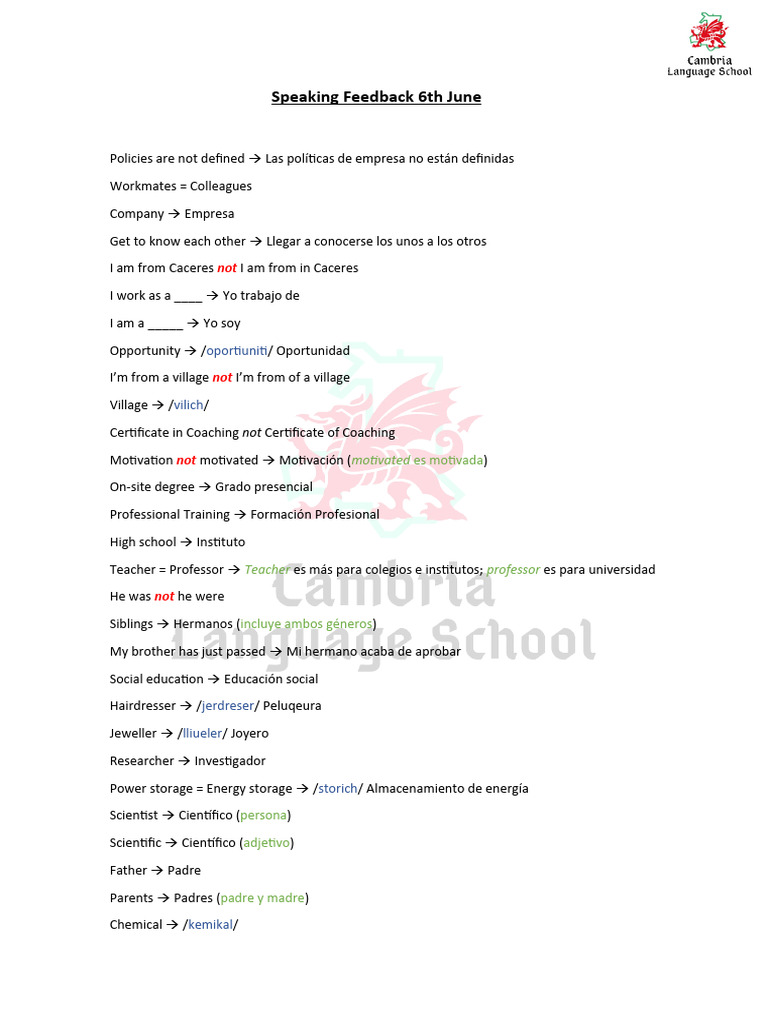 Speaking Feedback 6th June | PDF | Self-Improvement