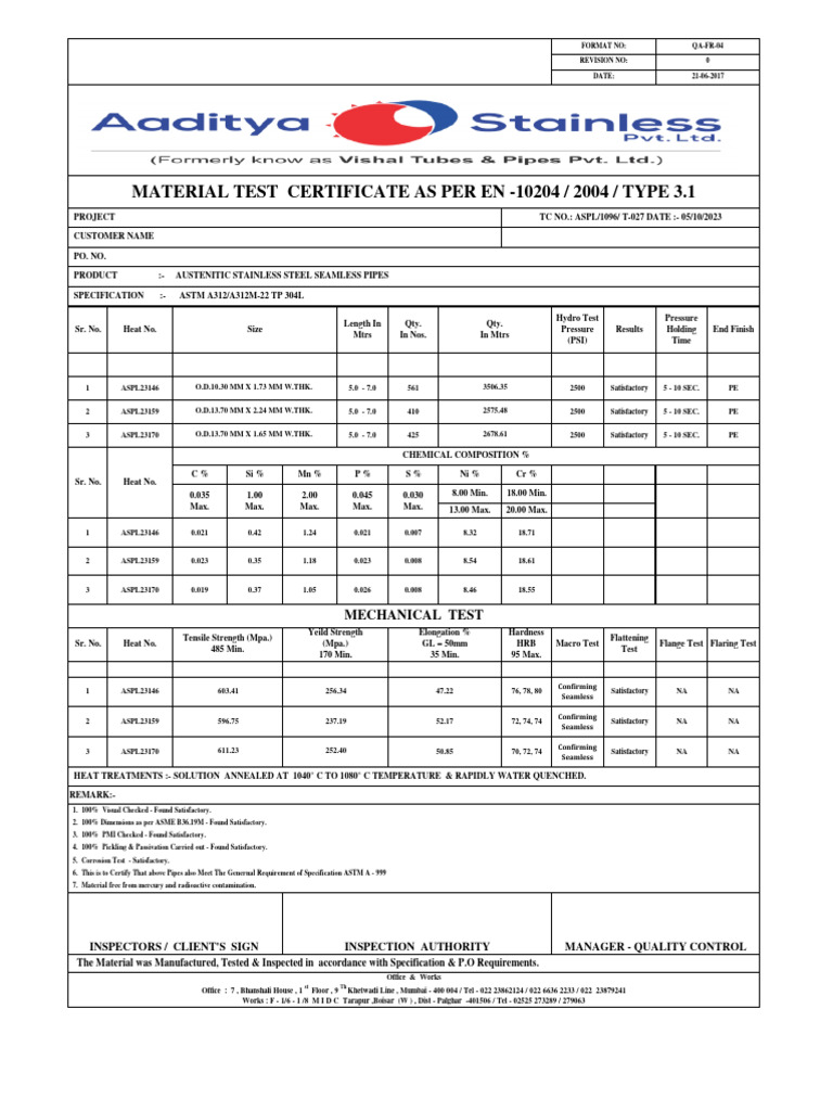 A312 TP304L Pipe | PDF | Materials | Building Materials