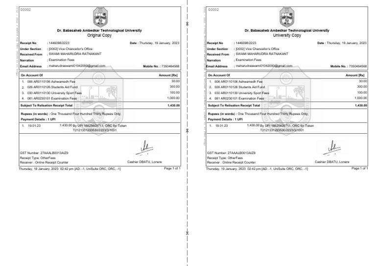 University Fee Receipt | PDF | Payments | Receipt