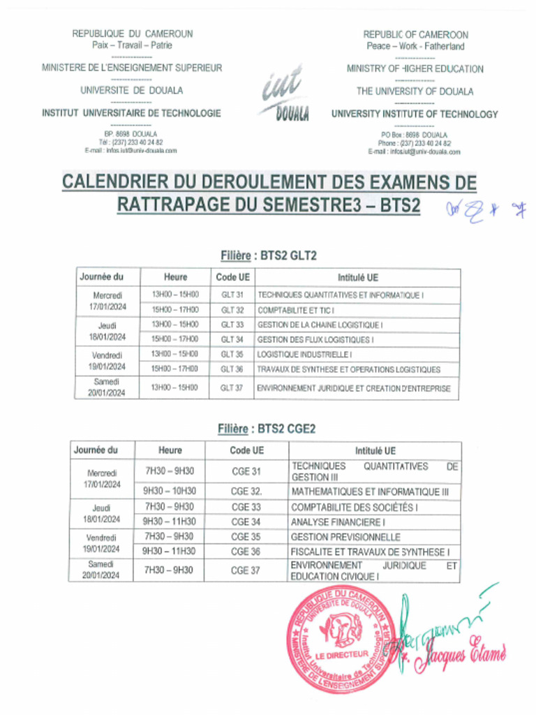 Calendrier de Déroulement Des Examens de Rattrapage S1 BTS2 2023-2024 | PDF
