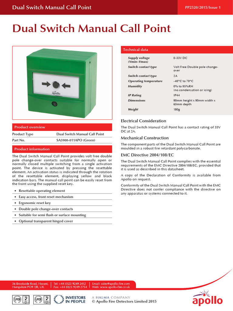 PP2520 Conventional GREEN Manual Call Point Datasheet | PDF | Switch ...