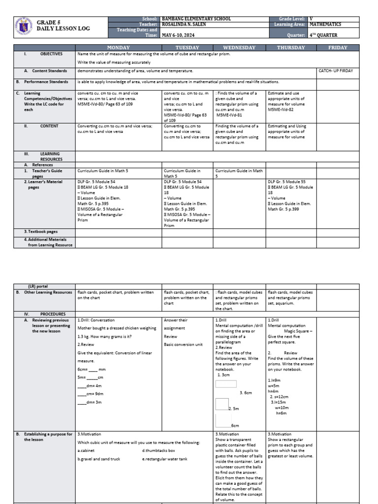 DLL - Mathematics 5 - Q4 - W4 | PDF | Volume | Learning