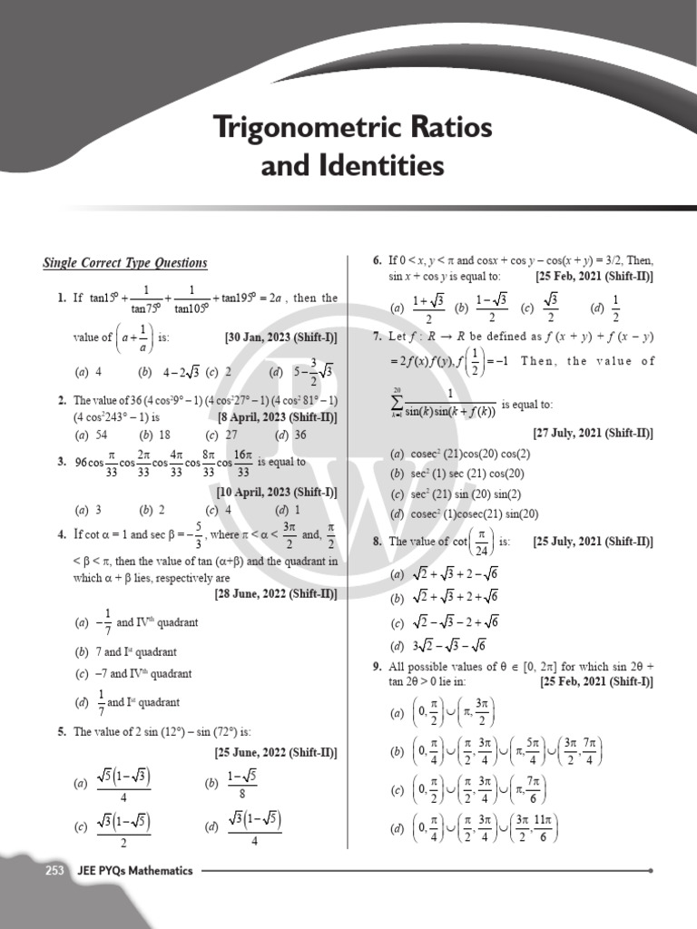 Trigonometric Ratios And Identities Pyq Practice Sheet Pdf Combinatorics Geometry