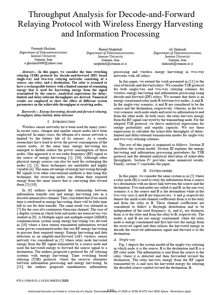 Throughput Analysis Of Swipt Df Relays 2018 Pdf Wireless Sensor