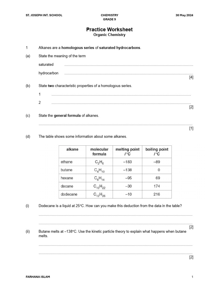 Grade 9 Organic Chemistry Worksheet | PDF | Alkene | Chemistry