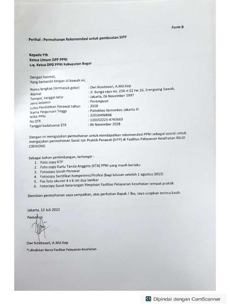 Form Permohonan Rekomendasi Ppni Dwi Novitasari | PDF