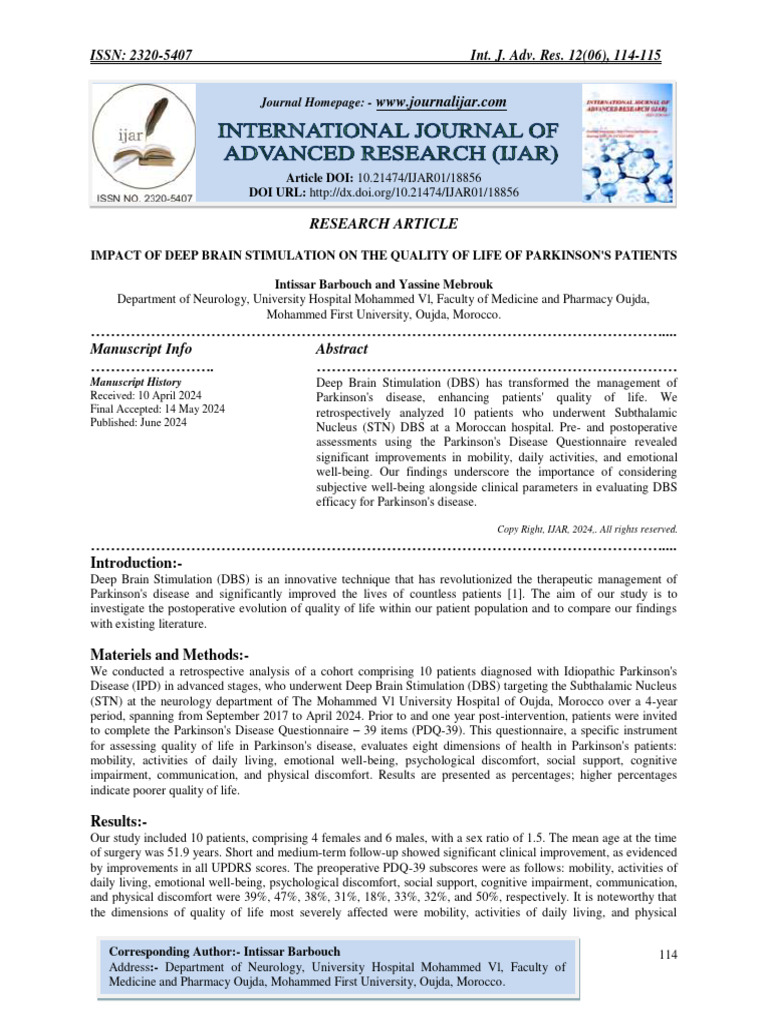 Impact Of Deep Brain Stimulation On The Quality Of Life Of Parkinsons Patients Pdf Parkinson