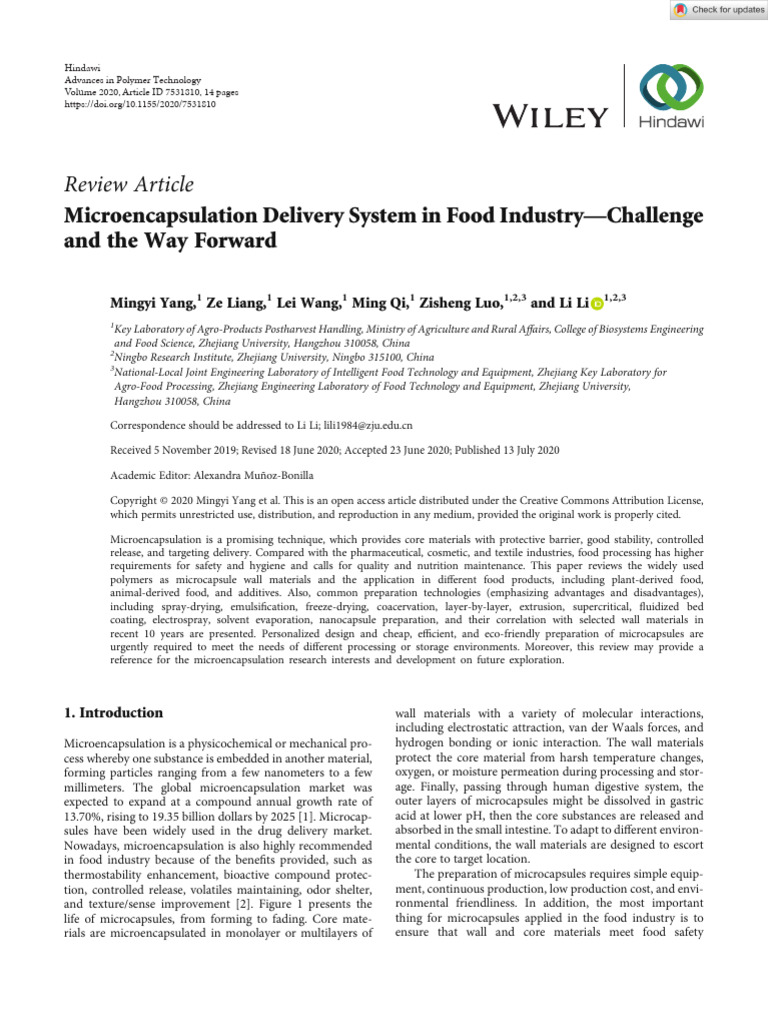 02 Advances in Polymer Technology - 2020 - Yang - Microencapsulation ...
