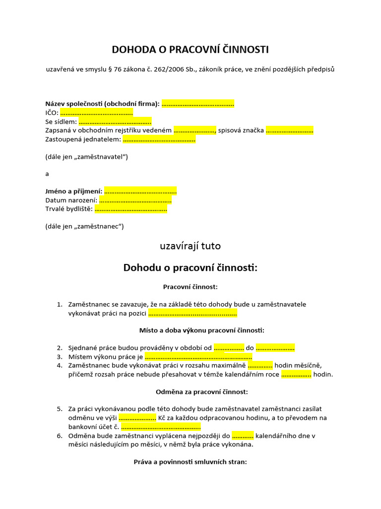 Dohoda o Pracovni Cinnosti Vzor 2023 Od Csob | PDF