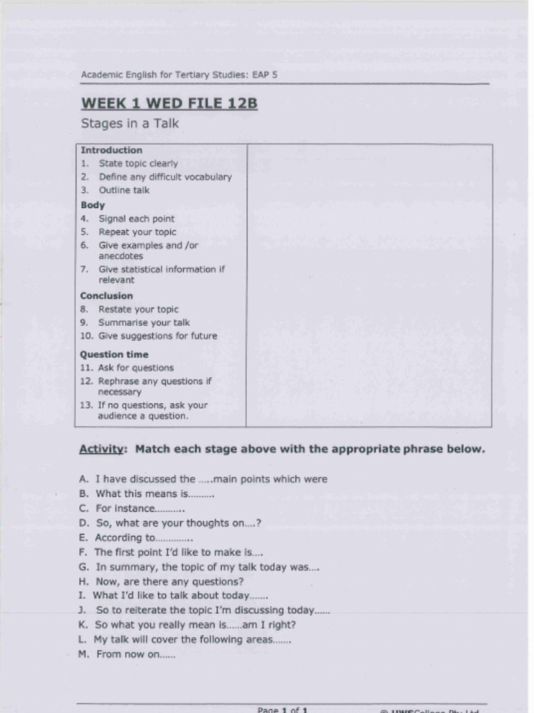 EAP5 Week 1 Wed F12b Stage in A Talk | PDF