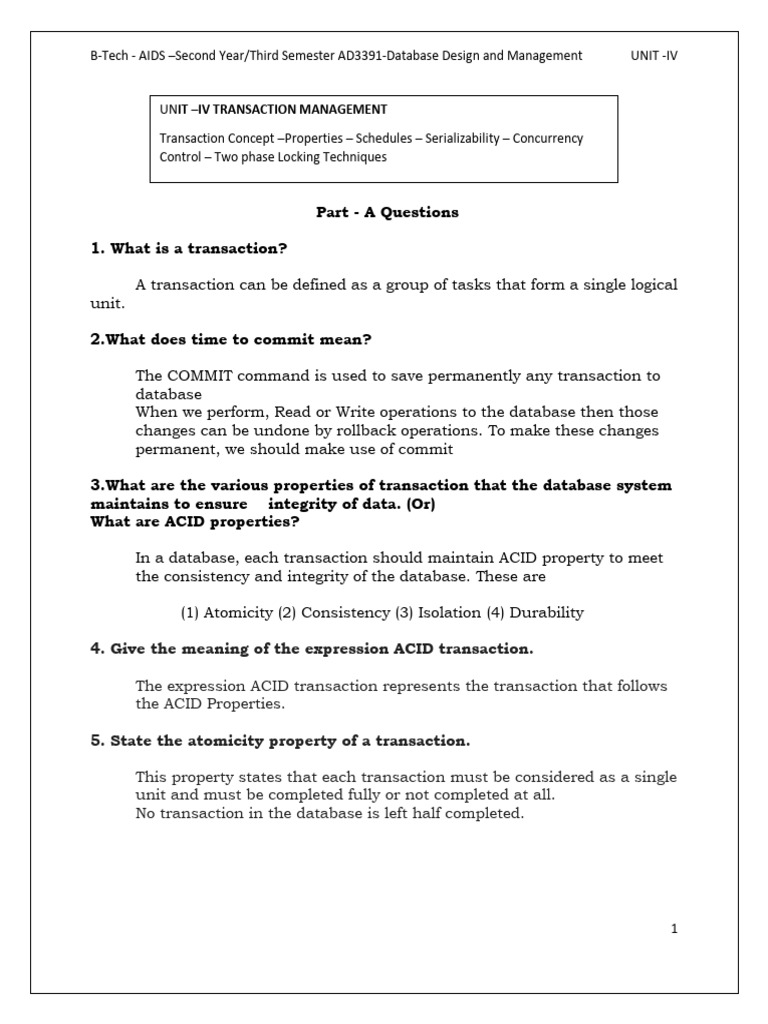 DBDM Unit Four | PDF | Acid | Database Transaction