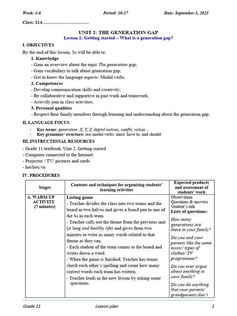 Unit 2 - Generation Gap-G11 | PDF | Lesson Plan | Teachers