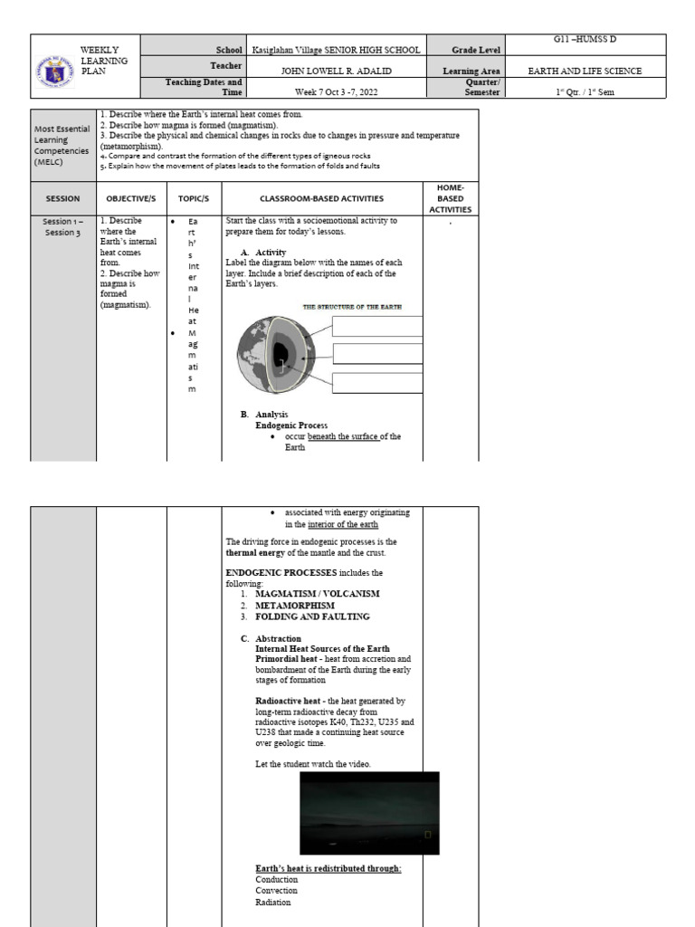 Earth Science Learning Plan G11 HUMSS | PDF | Magma | Igneous Rock