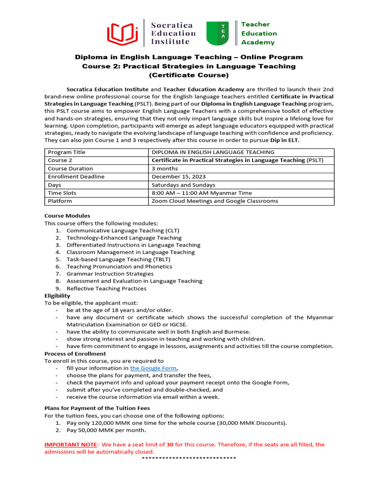Cert in PSLT - Course 2 - Dip in ELT | PDF | Language Education | English As A Second Or Foreign ...