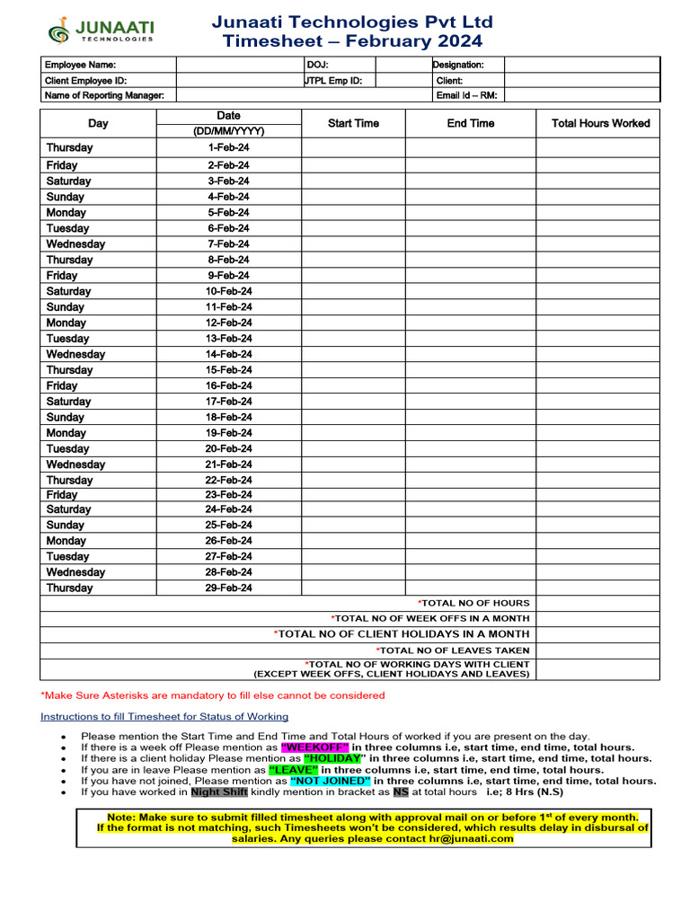Timesheet February'24-Junaati | PDF