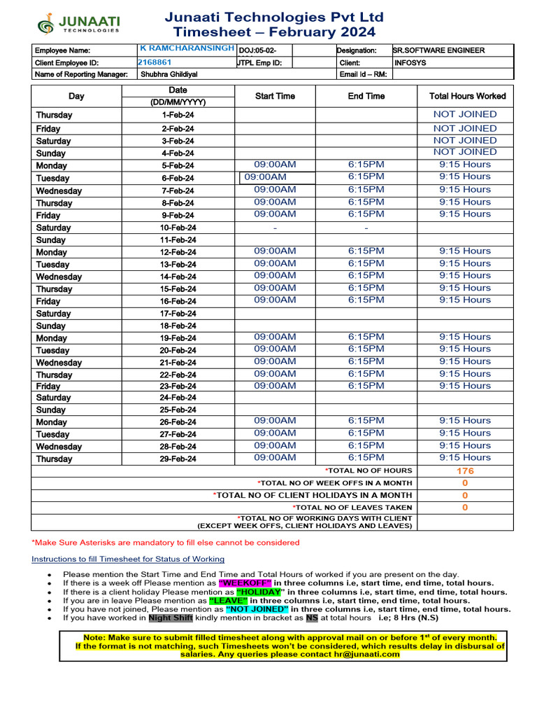 February 2024 Timesheet for K Ramcharansingh | PDF