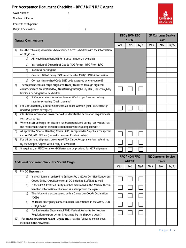 Pre Acceptance Document Checklist | PDF | Cargo