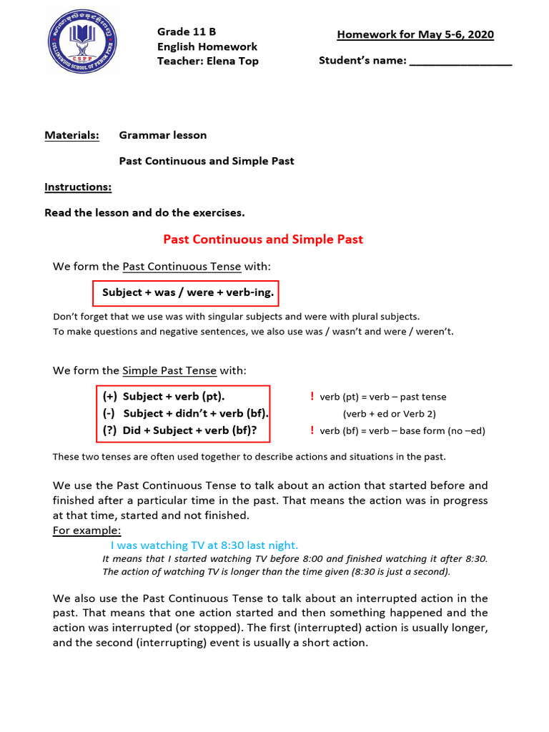 CSPP Grade 11 Grammar Past Continuous and Simple Past | PDF ...