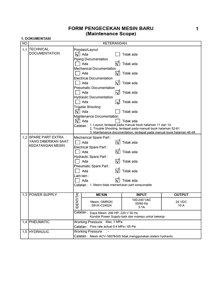 1 Form Pengecekan Mesin Baru (Maintenance Scope) | PDF